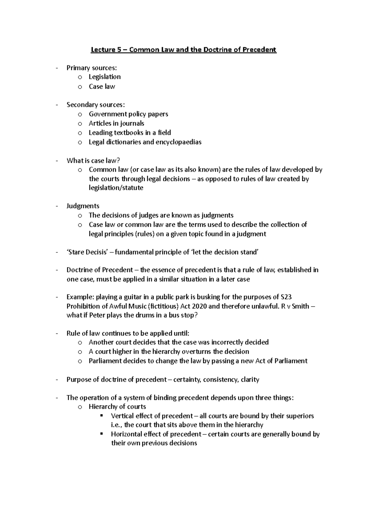 Lecture 5 - Common Law and the Doctrine of Precedent - Lecture 5 ...
