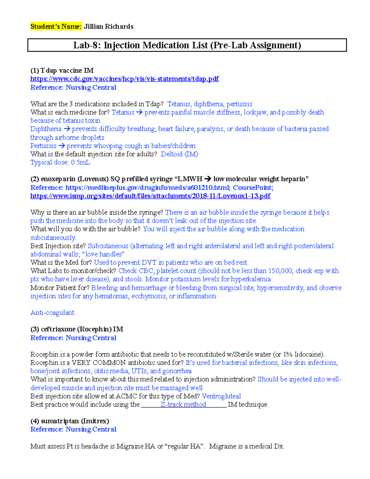 Pre-Lab 8 Assignment IM/ID/SubQ Medications Injections - NURS 206 ...