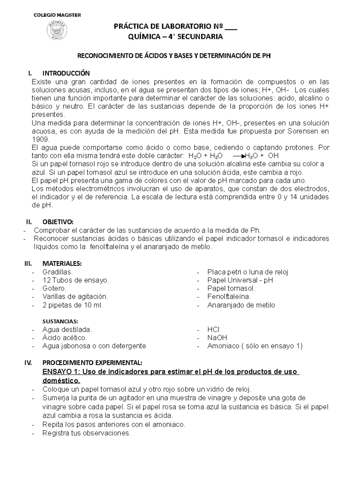Practica de laboratorio p H - PRÁCTICA DE LABORATORIO Nº ___ QUÍMICA ...