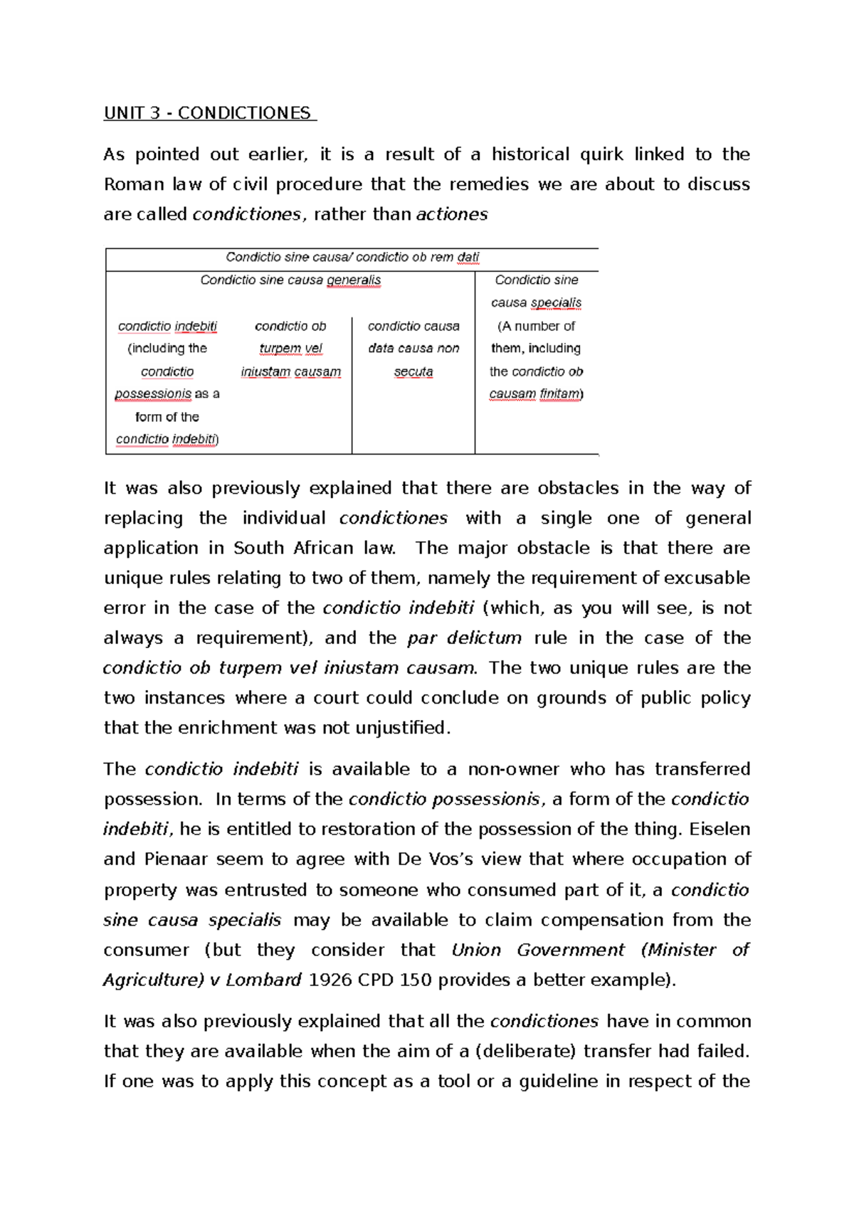 UNIT 3- Condiction Indebiti - UNIT 3 - CONDICTIONES As pointed out ...