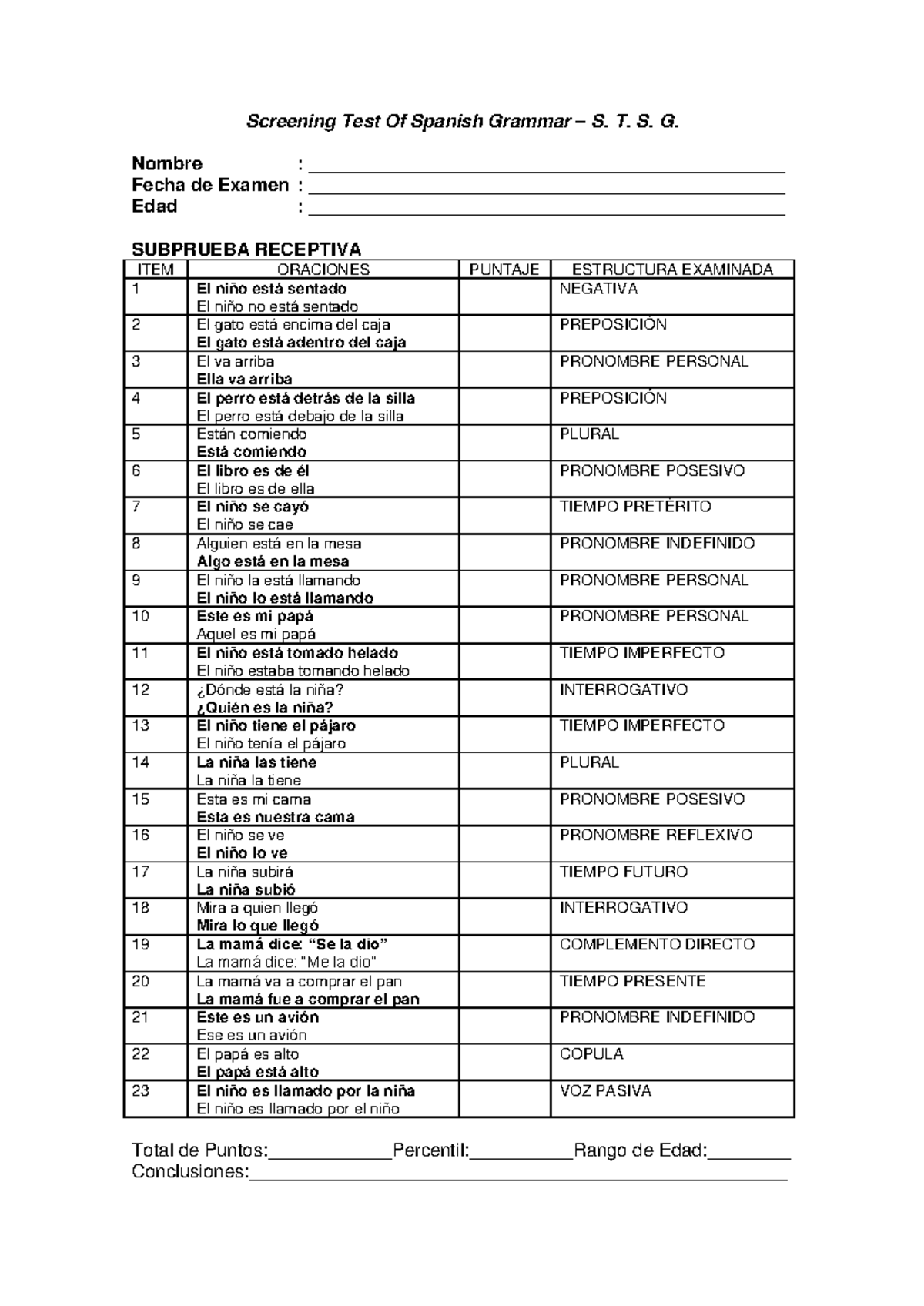 STSG comprensivo - protocolos - Screening Test Of Spanish Grammar – S ...