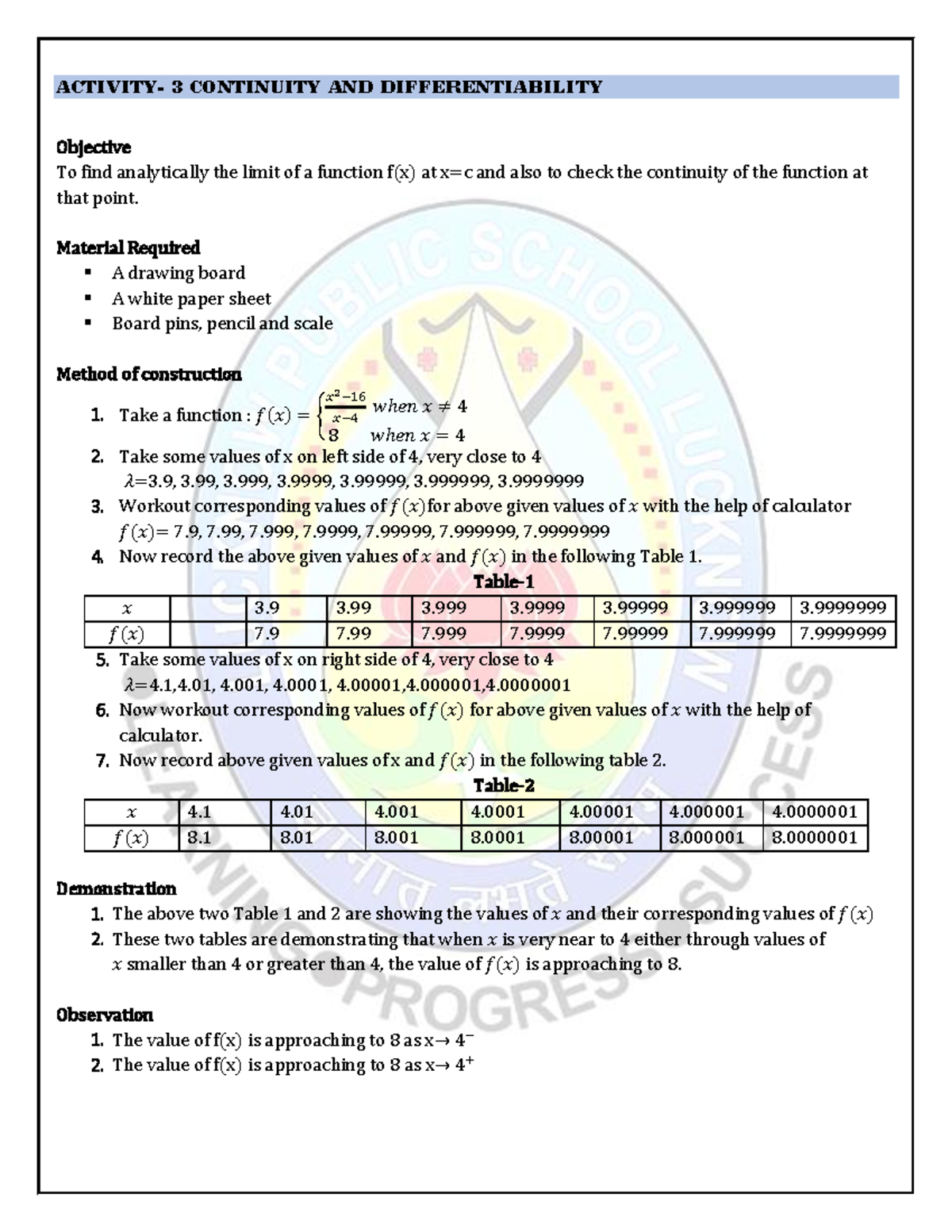 Activity 3 Continuity and Differentiability - ACTIVITY- 3 CONTINUITY AND DIFFERENTIABILITY ...