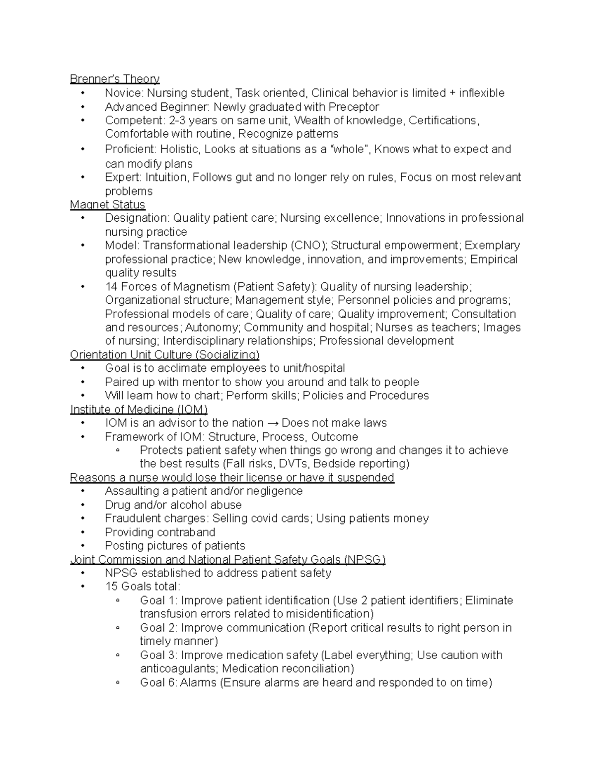 254 Test 1 Study Guide - Brenner!s Theory - Novice: Nursing student ...