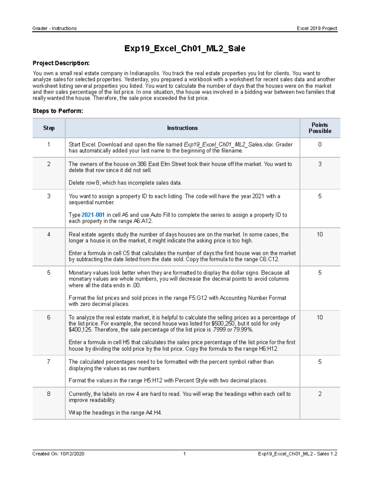 Class 01 Sales explanation - Grader - Instructions Excel 2019 Project Exp19_Excel_Ch01_ML2_Sale ...