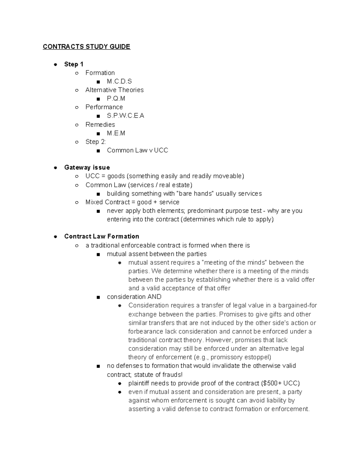 Contracts Study Guide - CONTRACTS STUDY GUIDE Step 1 Formation M.C.D ...
