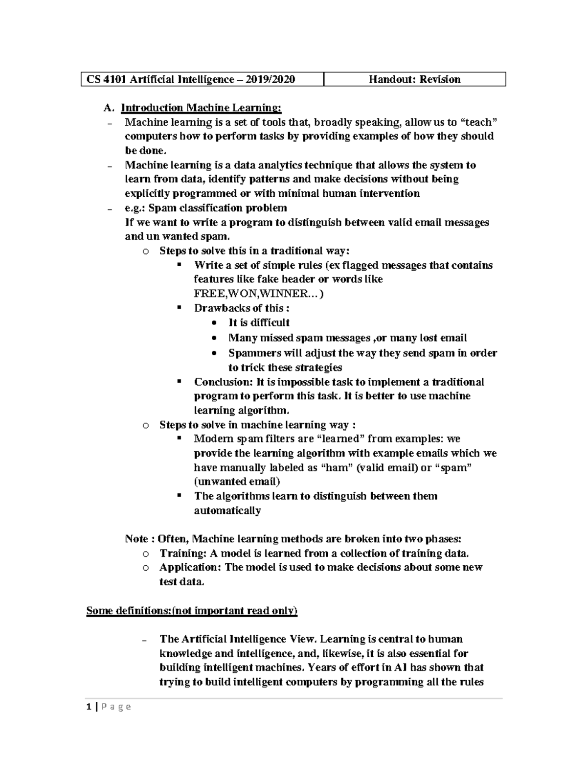 Ai-revision sheet 3 - A. Introduction Machine Learning: ₋ Machine ...