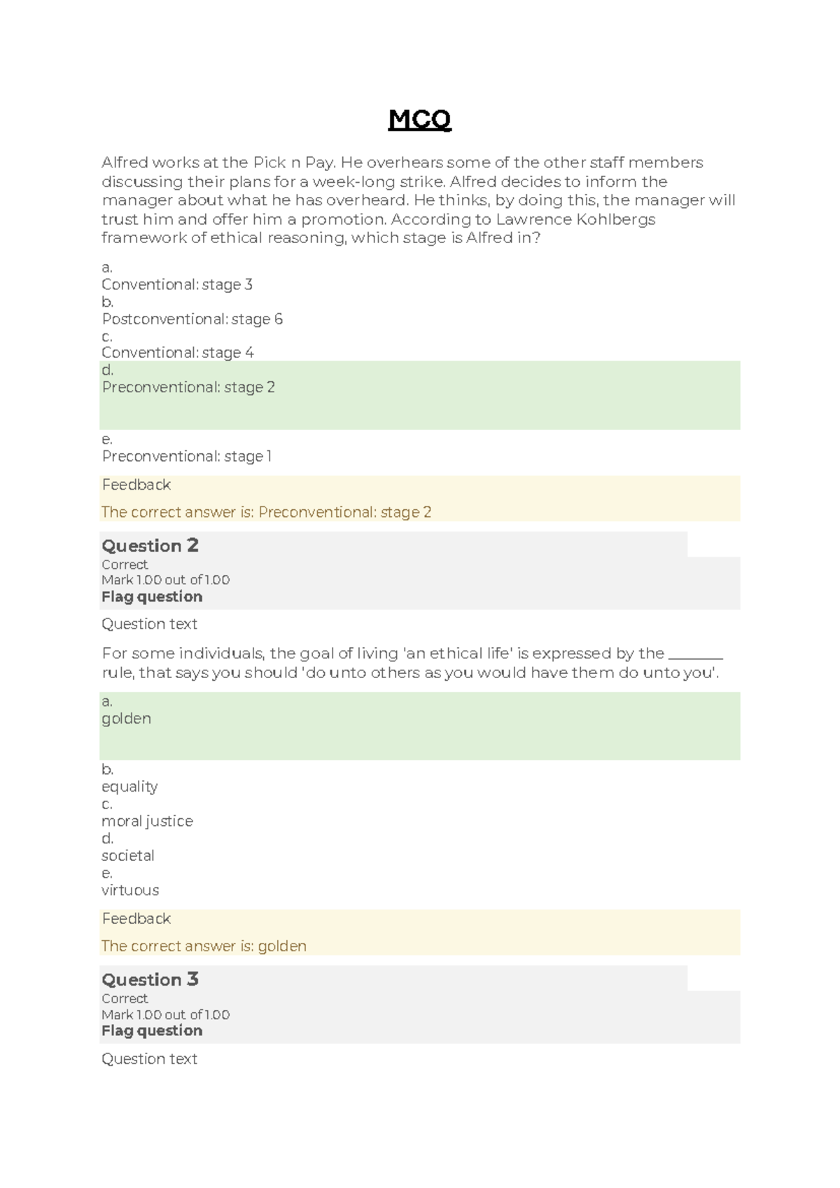 Business ethics quizzs and answers - MCQ Alfred works at the Pick n Pay ...
