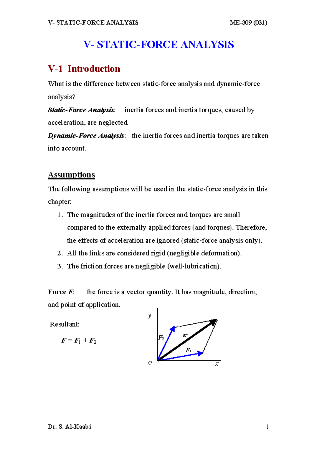 ME309- Notes-Ch5 - Kinematics of Machinery - V- STATIC-FORCE ANALYSIS V ...