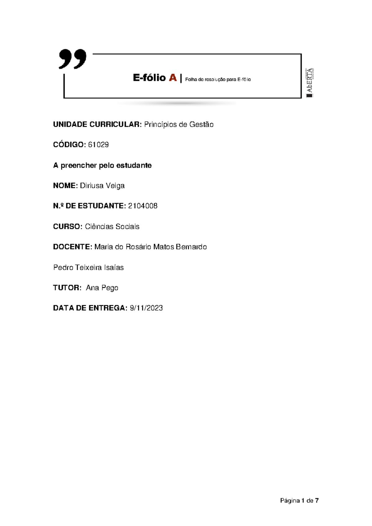 efolio A 61029 Principios de gestão - UNIDADE CURRICULAR: Princípios de ...