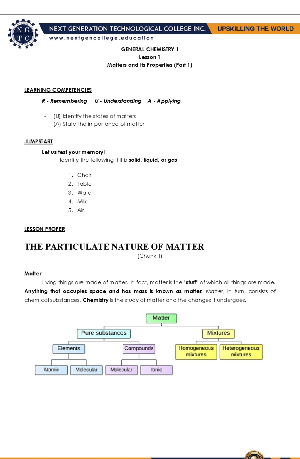 Chem 1 Lesson 1 - GENERAL CHEMISTRY 1 Lesson 1 Matters and Its ...