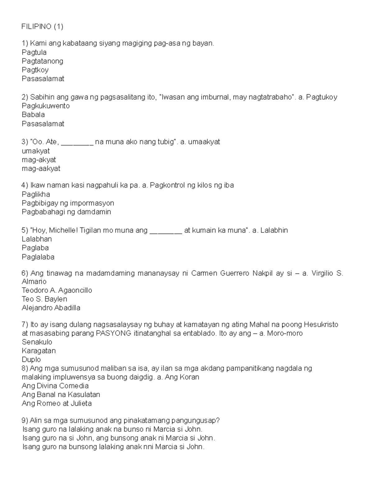Filipino - FILIPINO (1) Kami ang kabataang siyang magiging pag-asa ng bayan. Pagtula Pagtatanong ...