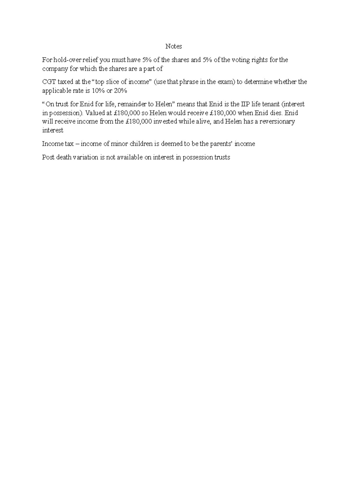 Notes - Notes For hold-over relief you must have 5% of the shares and 5 ...