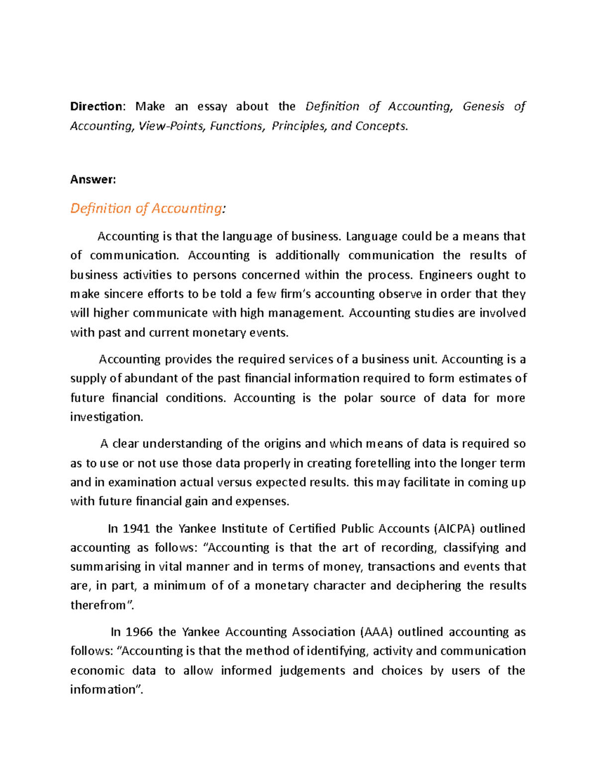 Basic Acc Essay - Direction: Make an essay about the Definition of ...