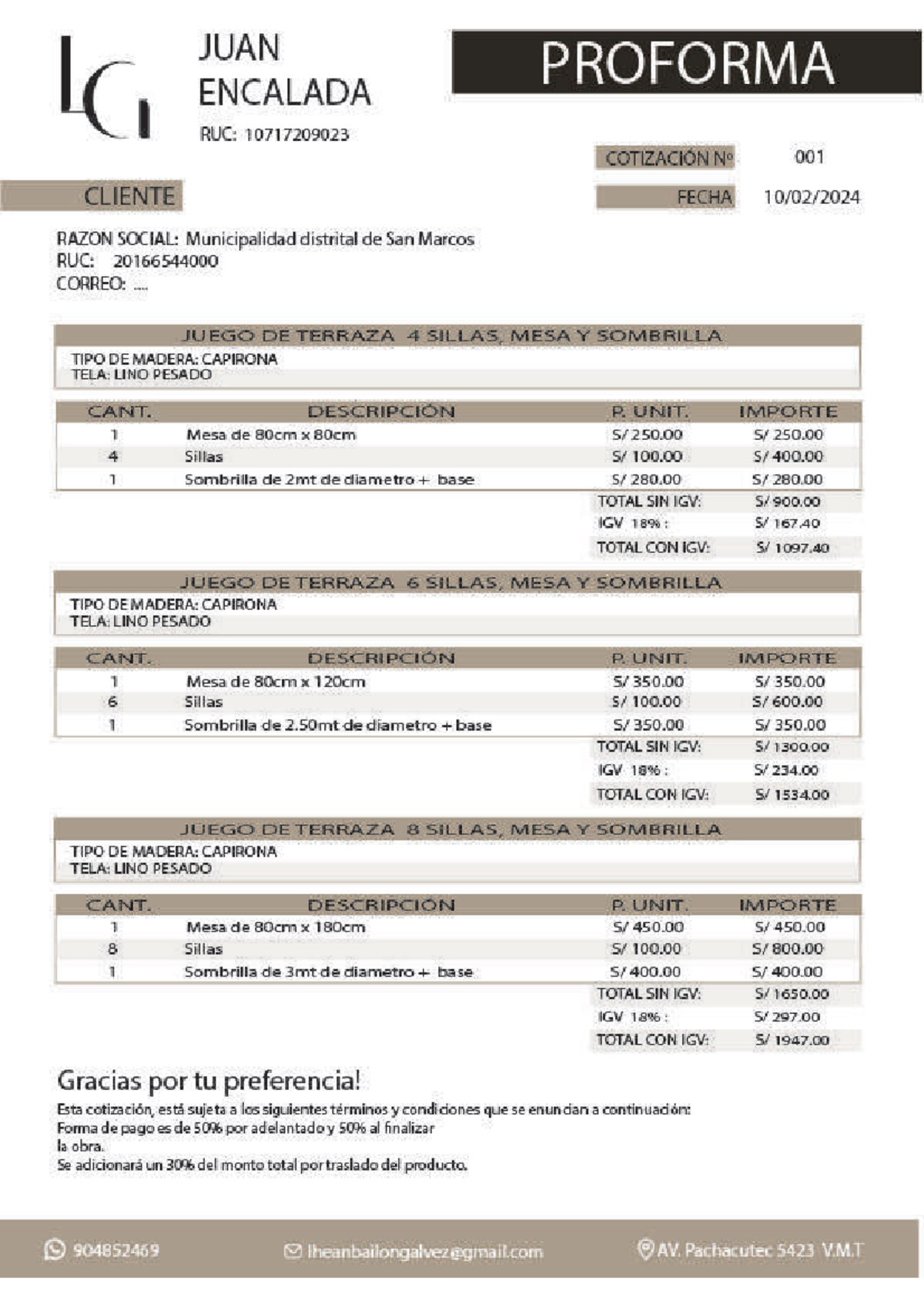Proforma set de terraza - JUAN la PROFORMA ENCALADA RUC: 10717209023 COTIZACIÓN N° 001 CLIENTE ...