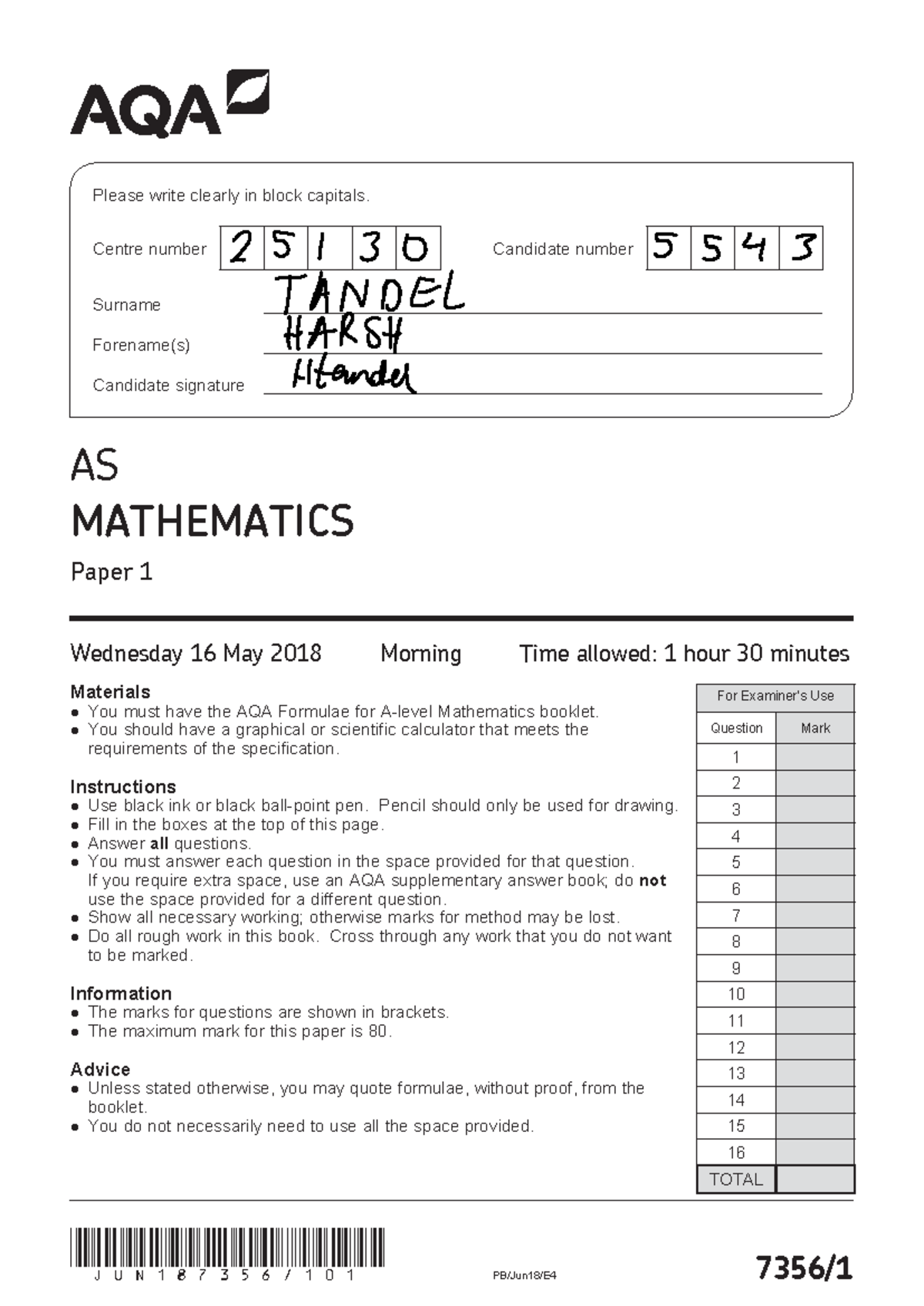 June 2018 AS Paper 1 - PB/Jun18/E4 7356/ (JUN187356/101) AS MATHEMATICS ...