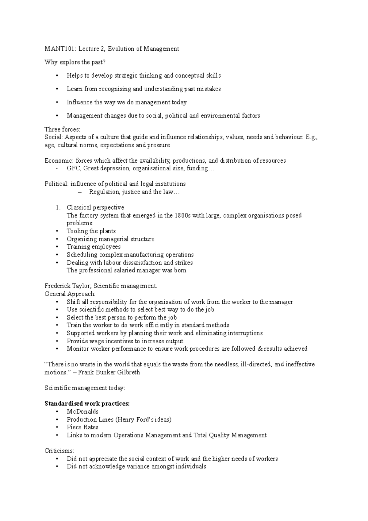 Lecture 2 - evolution of management thinking - Managing for Performance ...