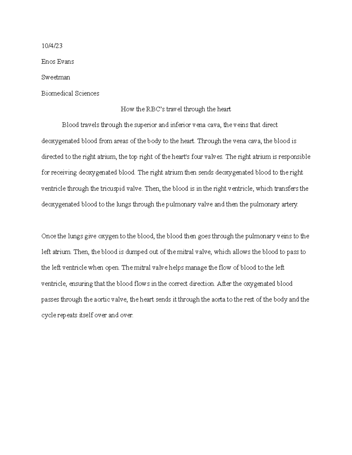 RBC'S Travel Through Heart - 10/4/ Enos Evans Sweetman Biomedical ...