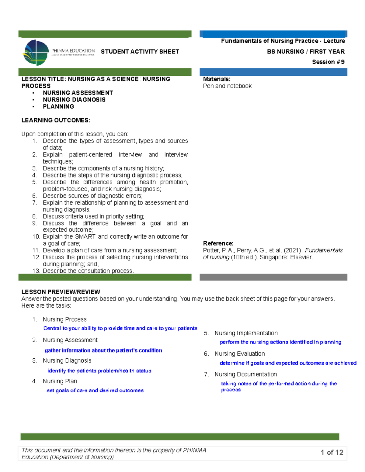 nursing of medicine field - STUDENT ACTIVITY SHEET Fundamentals of ...