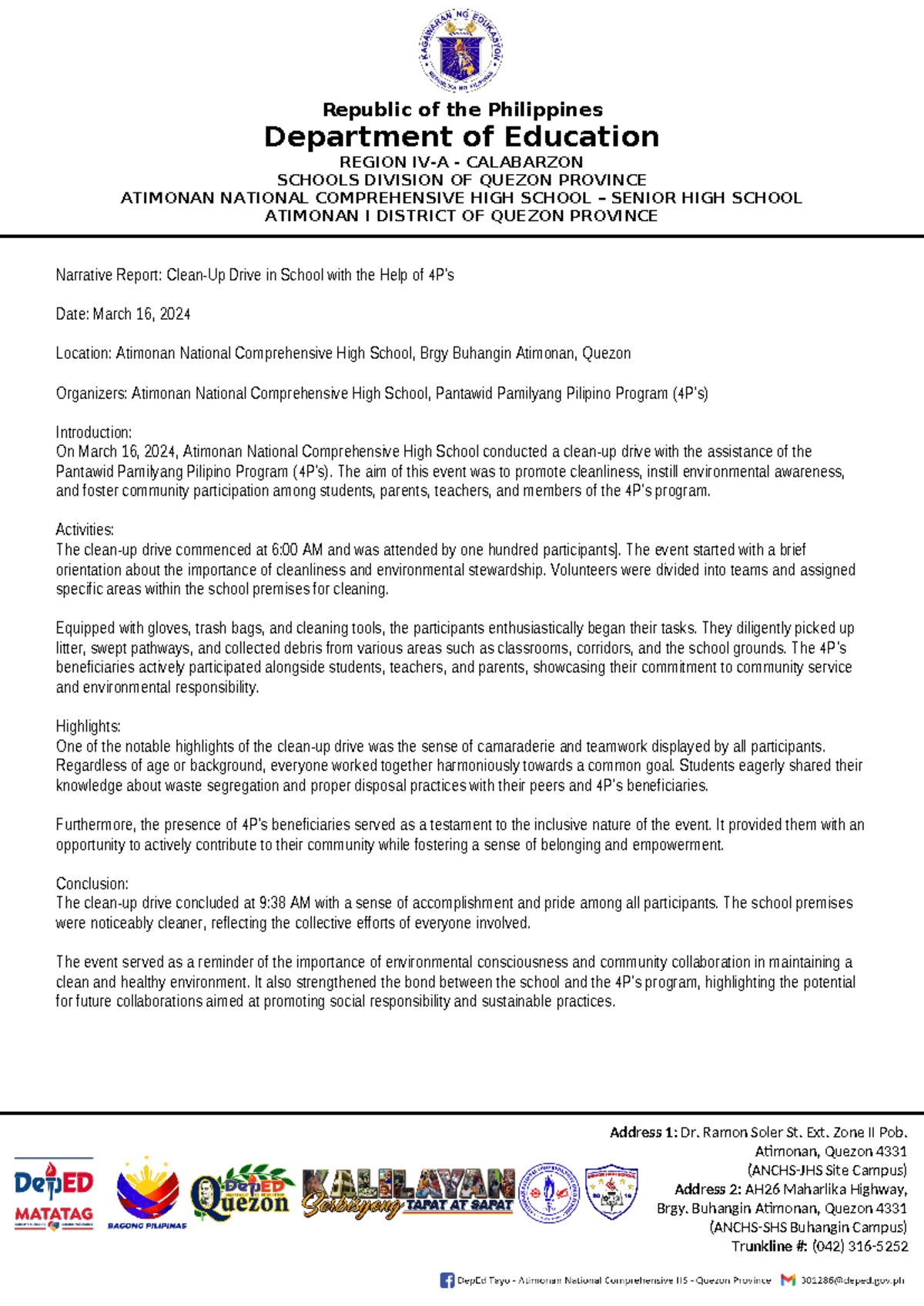 4P's Narrative Report - Department of Education REGION IV-A ...