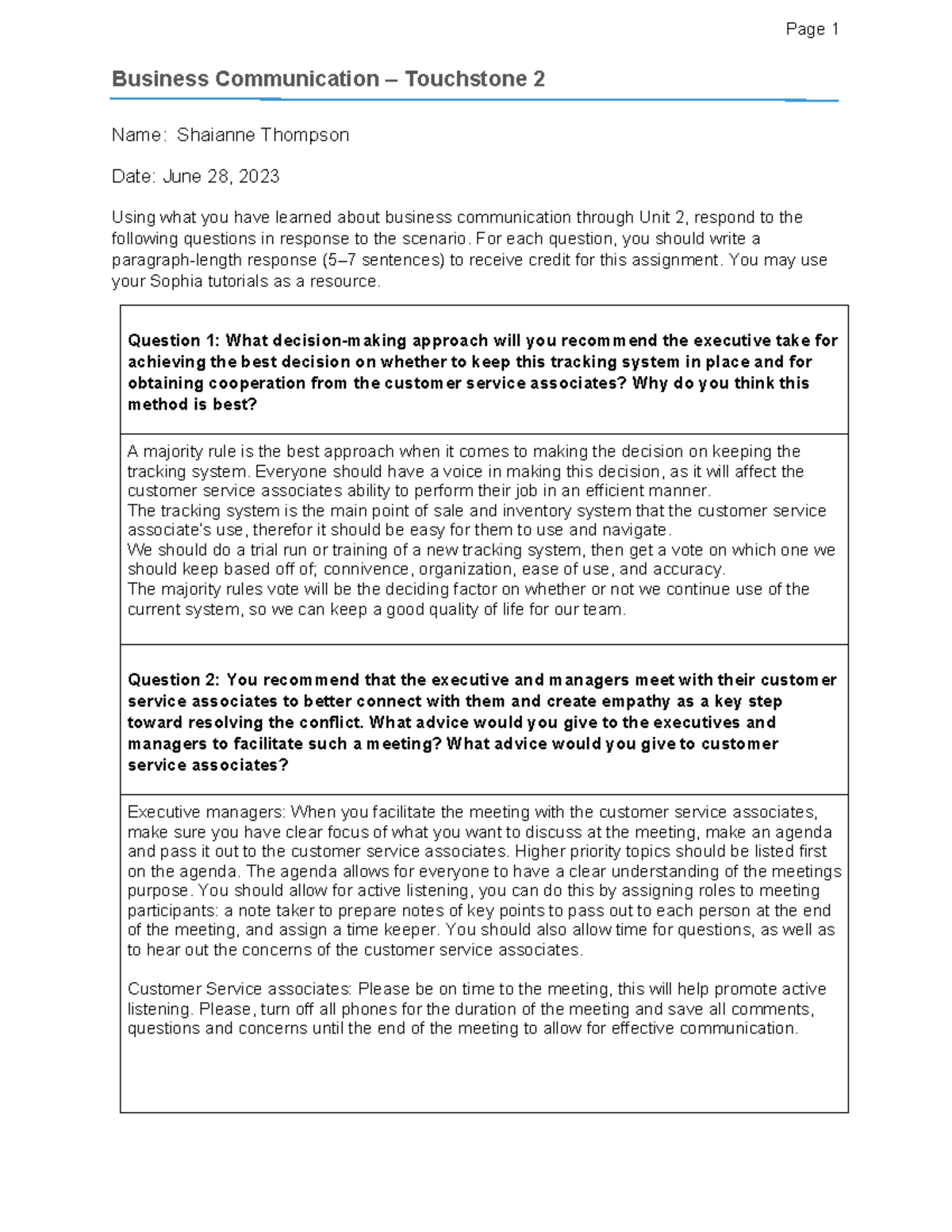 Bus Comm TS2 - Business Communication – Touchstone 2 Page 1 Name: Shaianne Thompson Date: June ...