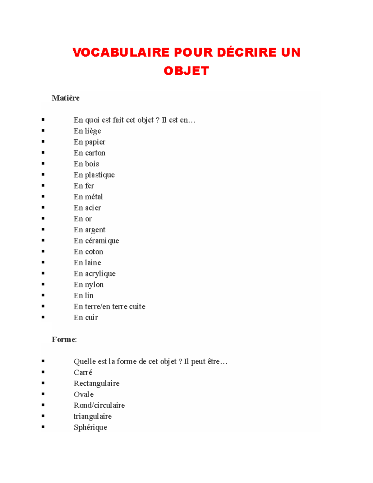 Vocabulaire POUR Décrire UN Objet - VOCABULAIRE POUR DÉCRIRE UN OBJET ...