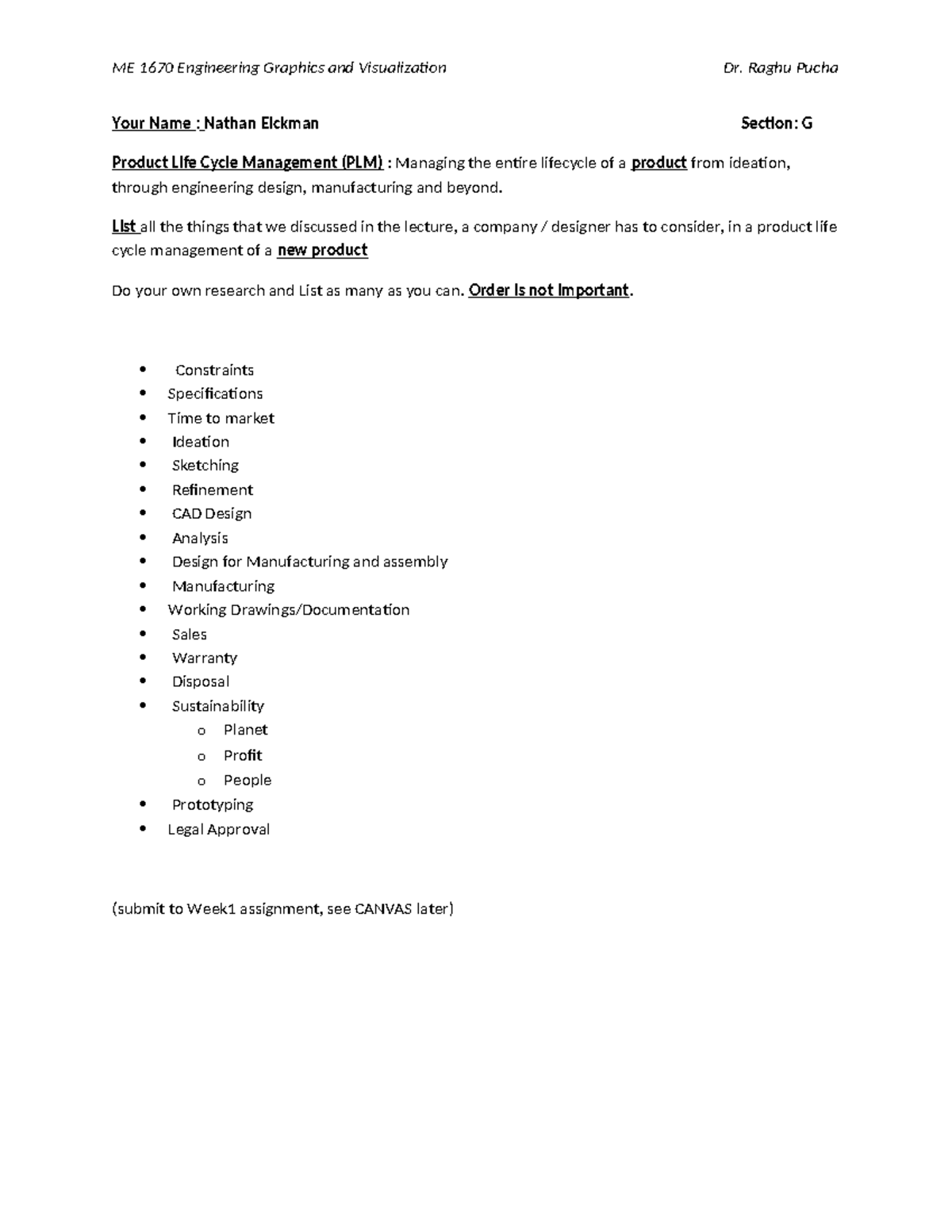L1 PLM list Lecture assignment - ME 1670 Engineering Graphics and ...