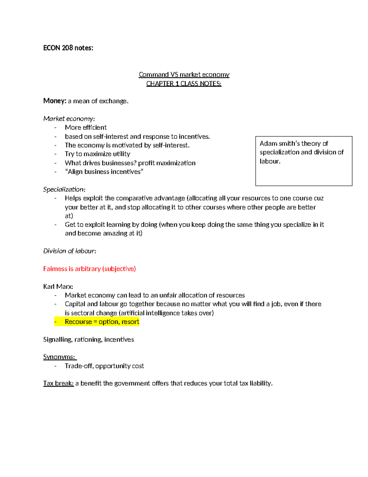 ECON 208 notes - ECON 208 notes: Command VS market economy CHAPTER 1 ...