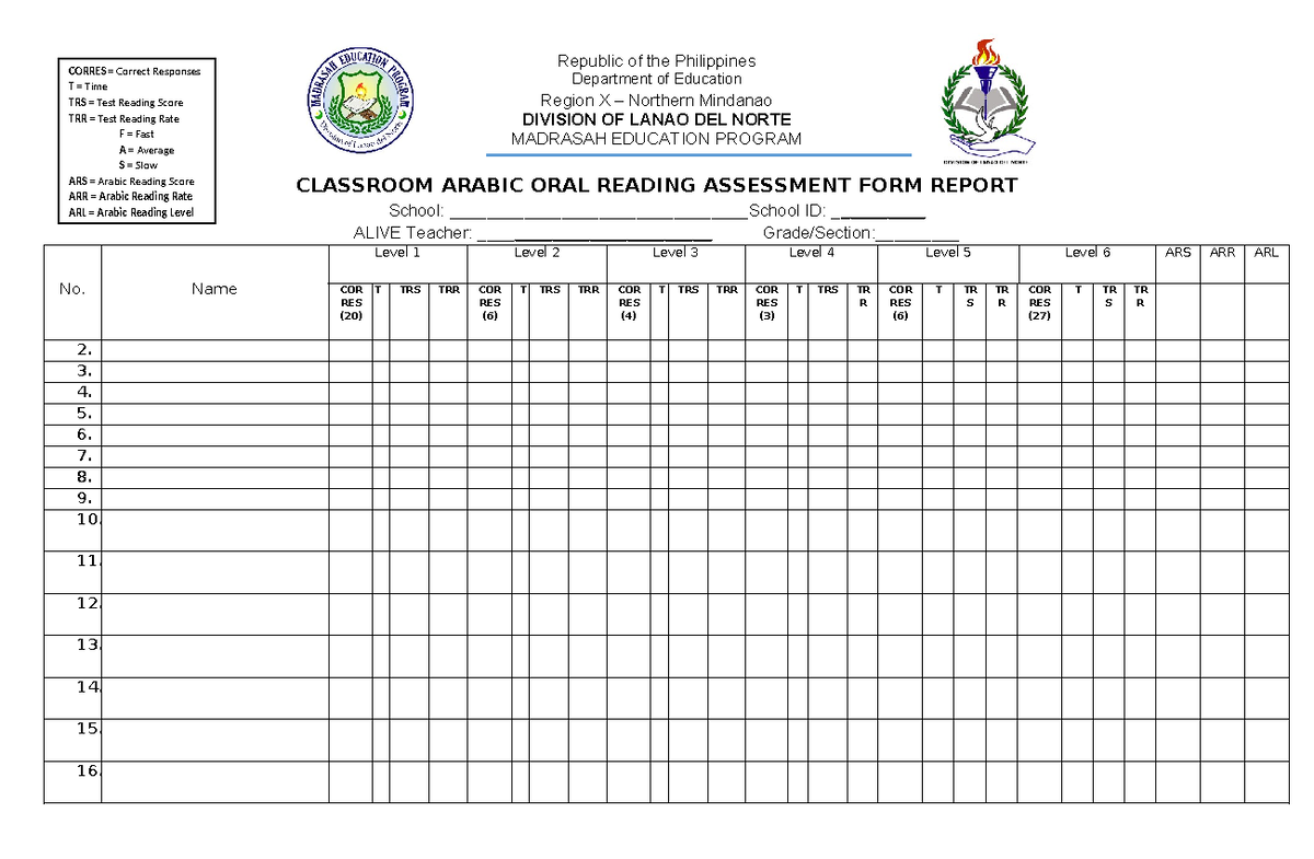 Arabic ORAL Reading Assessment FORM- Report - Republic of the ...
