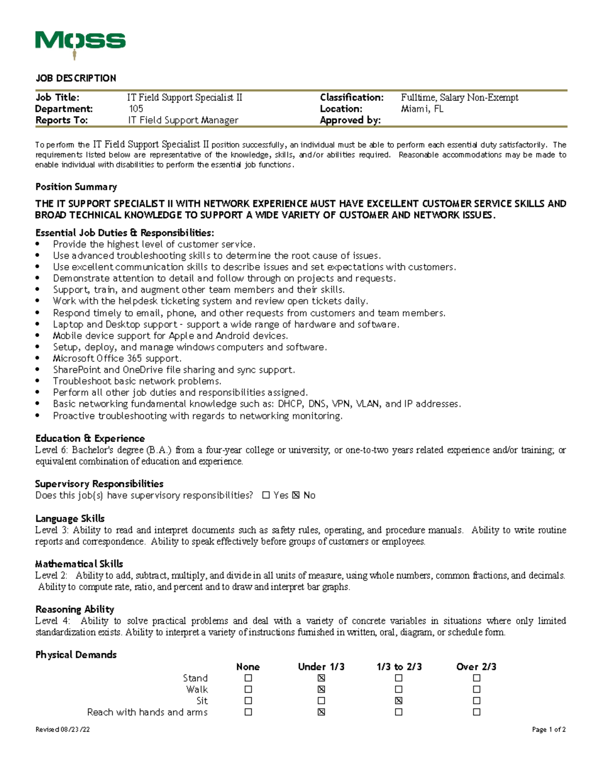 IT Field Support Specialist II Job Description and Specification - JOB ...