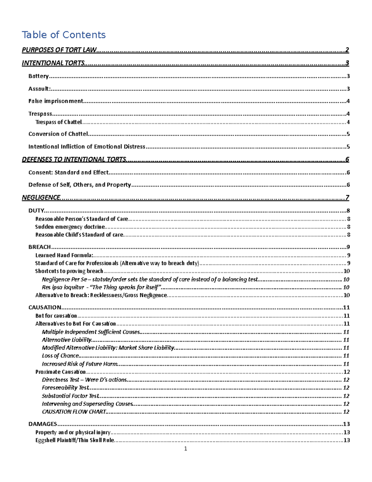 Tort Outline - Table of Contents Tort Outline PURPOSES OF TORT - Studocu