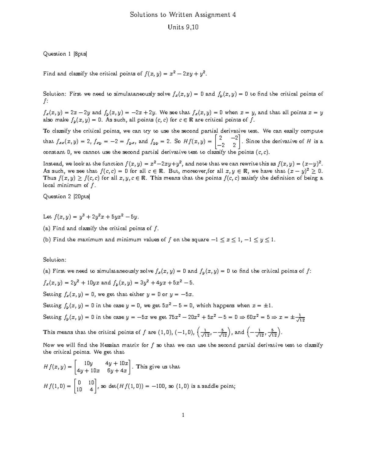 Written Assignment 4 Sol - Solutions to Written Assignment 4 Units 9, Question 1 [8pts] Find and ...