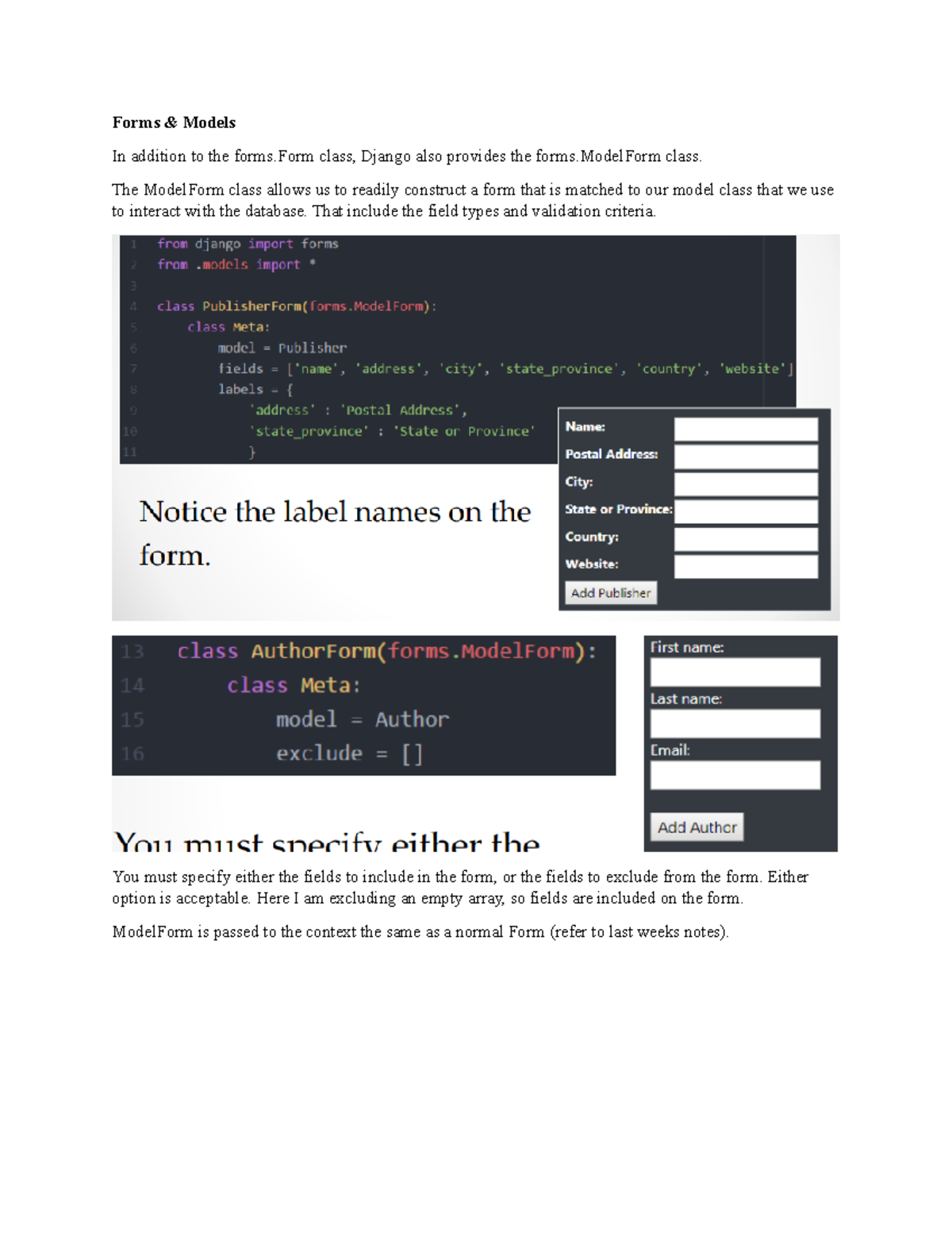 Lecture 9 Forms And Models In Addition To The Forms Class Django Also