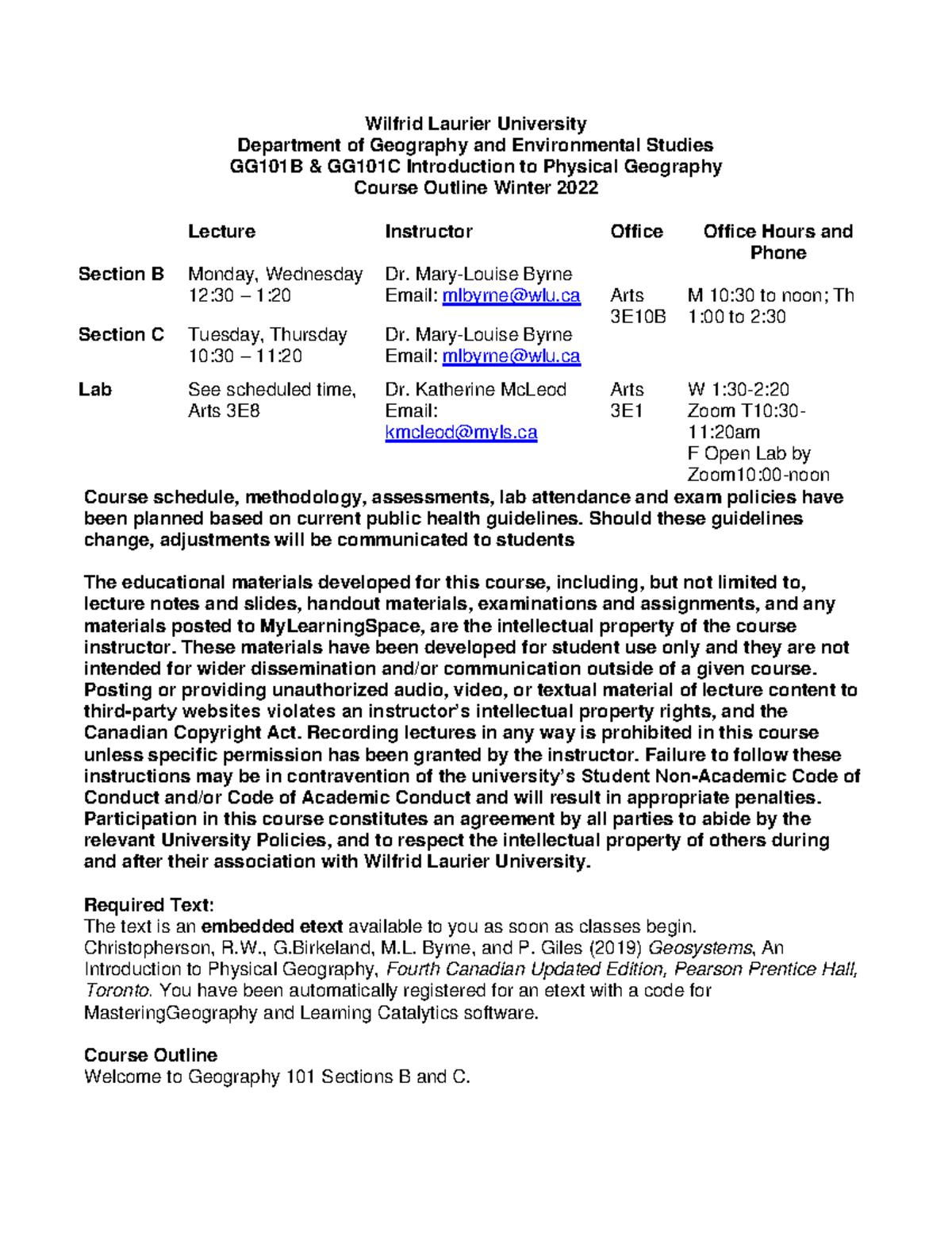 GG101B&C course outline Winter 2022 Byrne - Wilfrid Laurier University ...