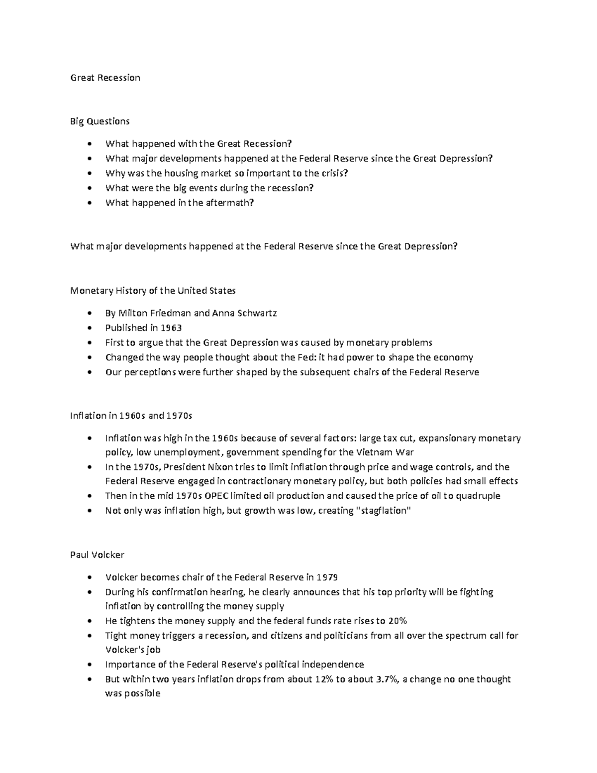 MGT 3050 - Great Recession - Great Recession Big Questions - • What ...