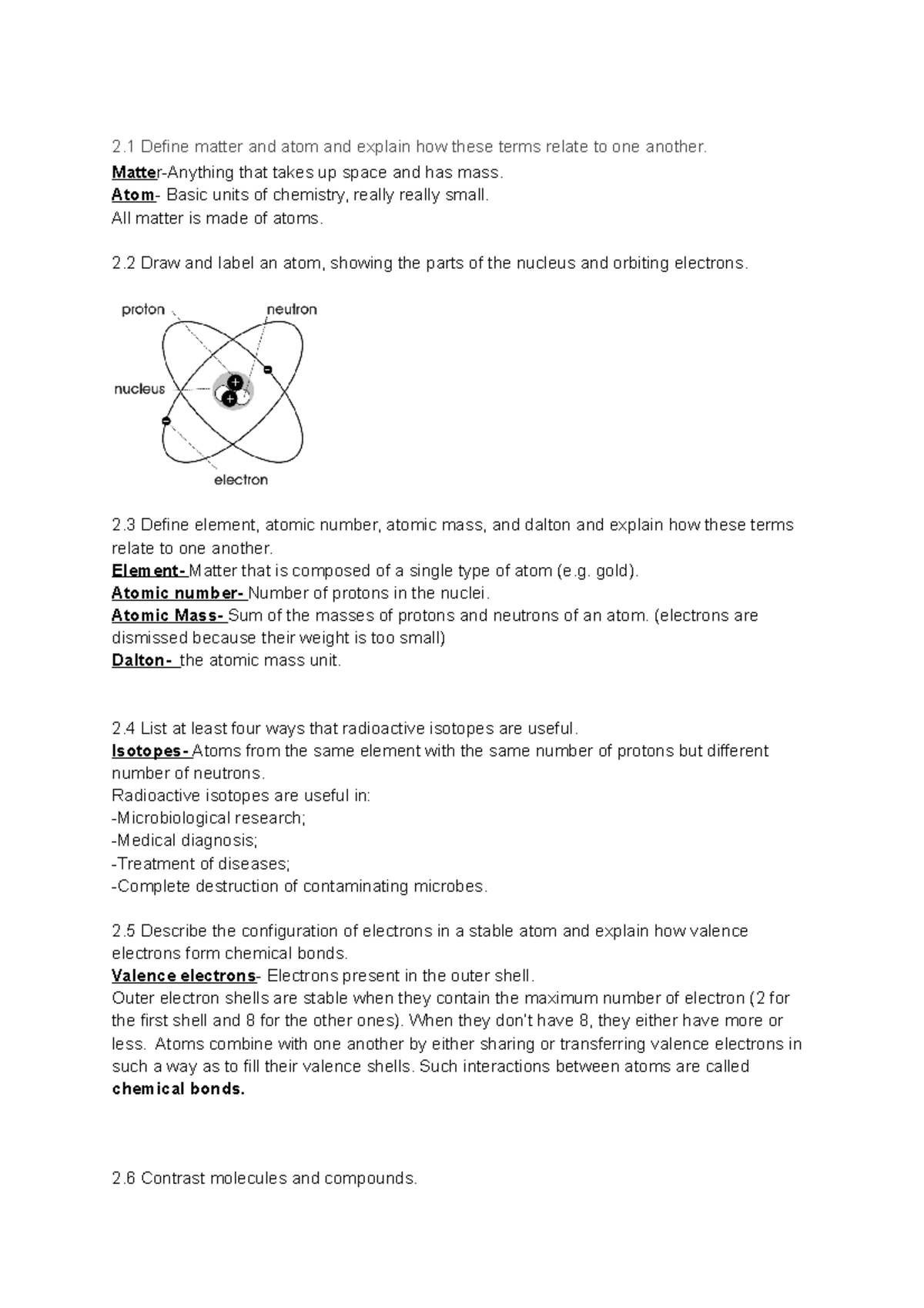 Lecture notes lesson 4- Chemistry of life - 2 Define matter and atom ...