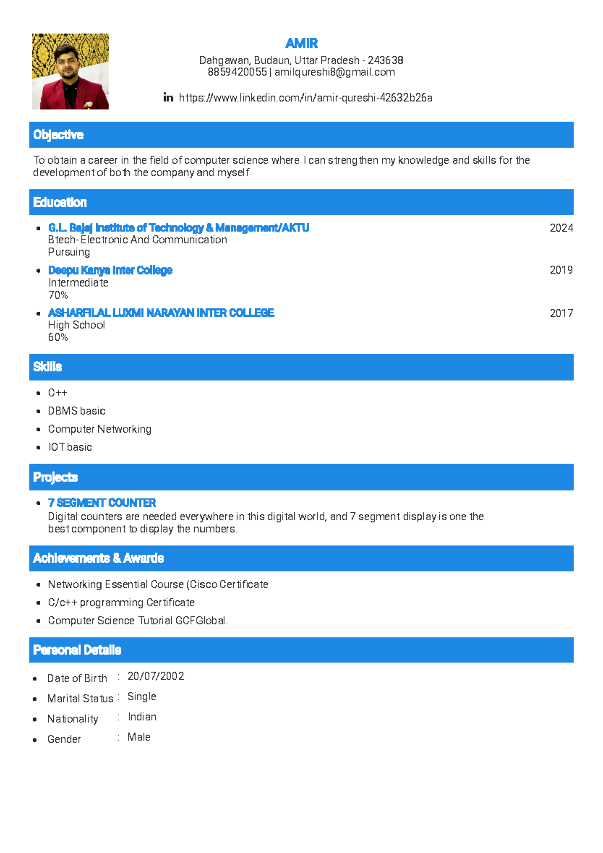 AMIR Resume CS it - AMIR Dahgawan, Budaun, Uttar Pradesh - 243638 ...