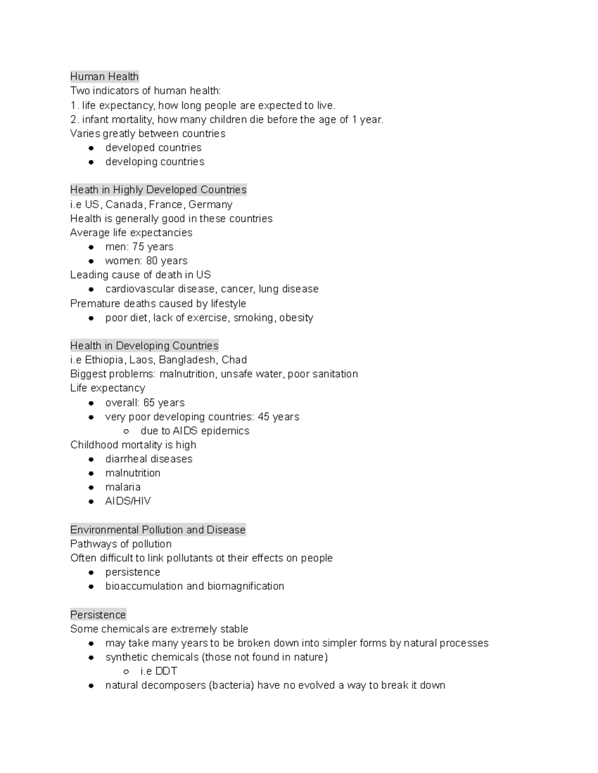 WEEK 6 - greene online - Human Health Two indicators of human health ...