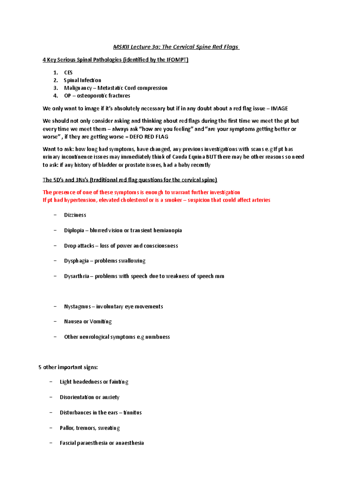 Mskii Lecture 3 Red Flags - MSKII Lecture 3a: The Cervical Spine Red ...