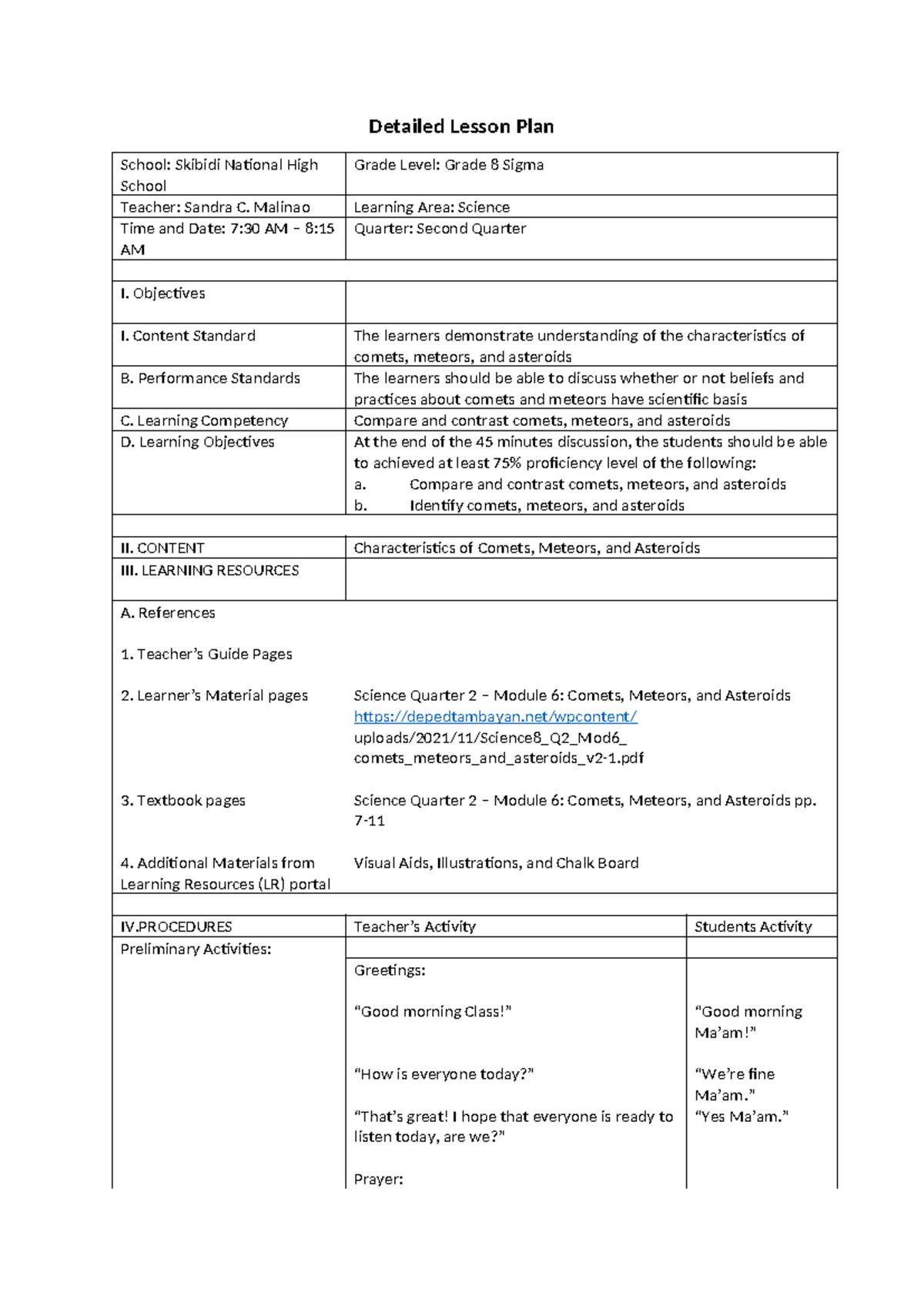 Detailed Lesson Plan for Science - Detailed Lesson Plan School: Skibidi ...