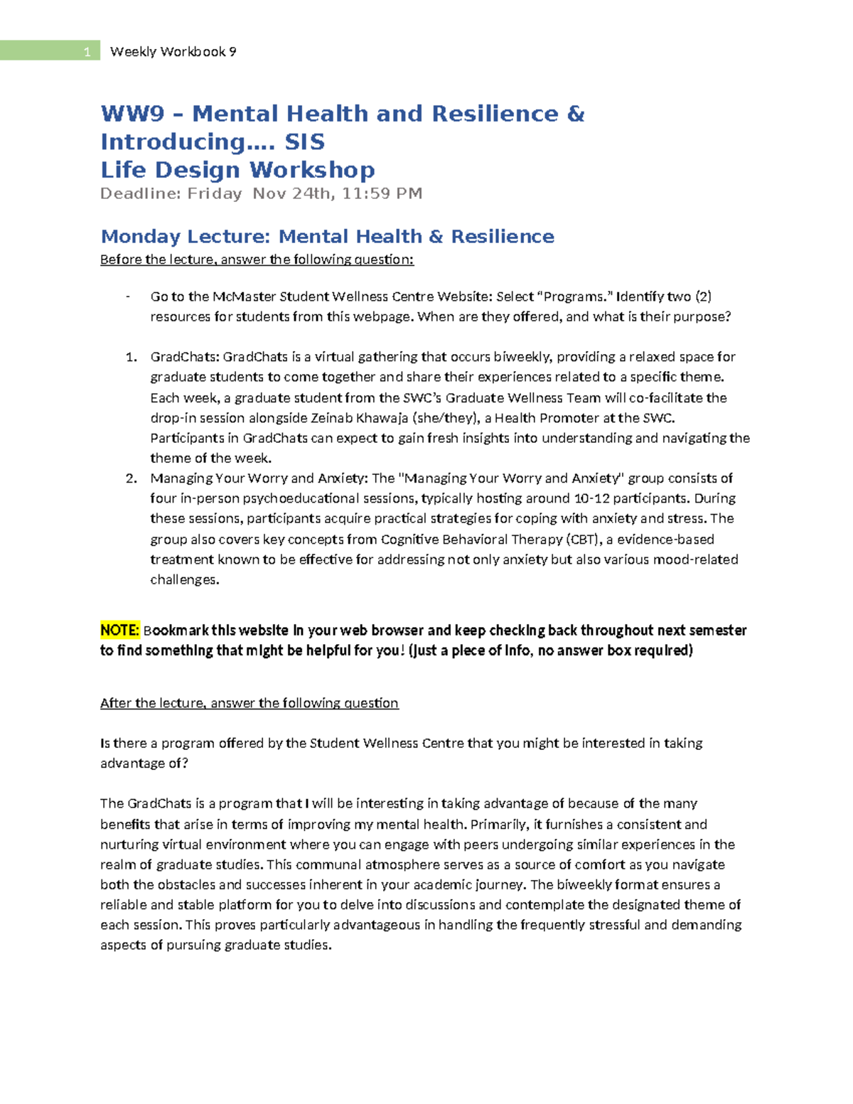 WW9 - cool. - WW9 – Mental Health and Resilience & Introducing.... SIS ...