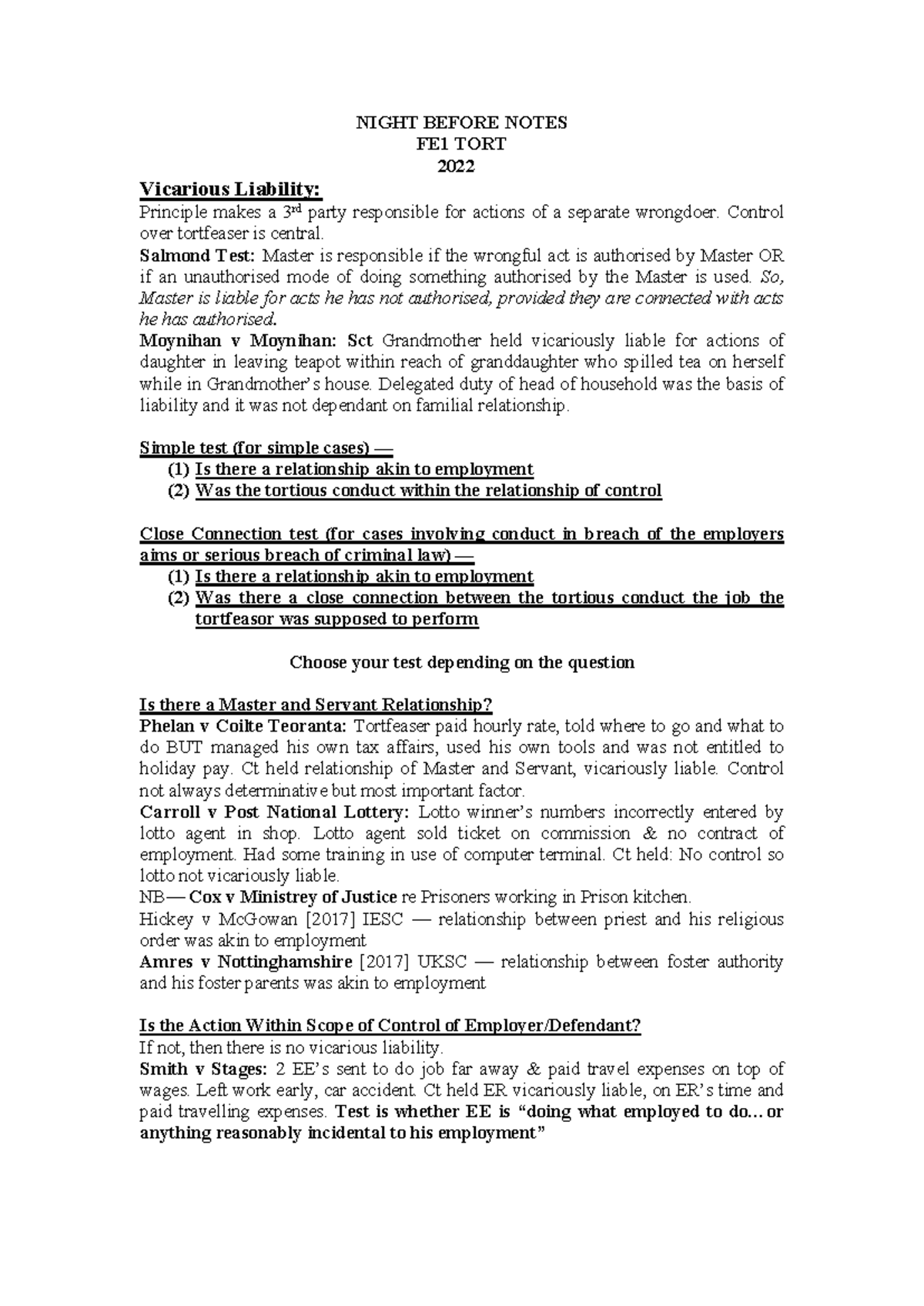 Tort Night Before Notes - NIGHT BEFORE NOTES FE1 TORT Vicarious ...