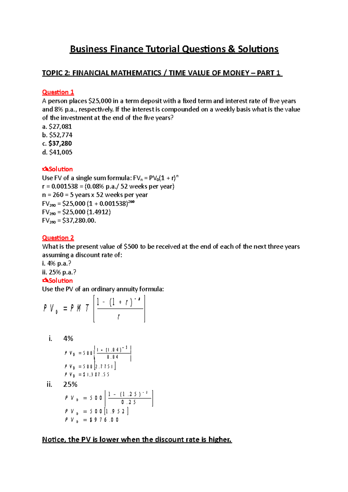Business Finance Tutorial Questions & Solutions - Business Finance ...