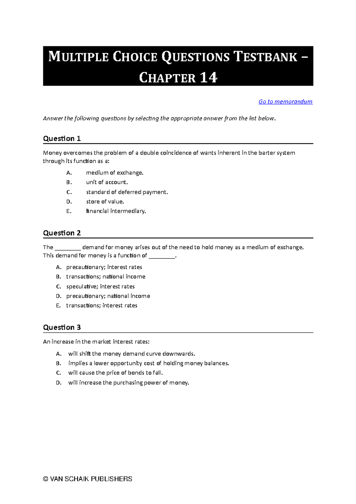 Money and monetary policy Q&A - MULTIPLE CHOICE QUESTIONS TESTBANK ...