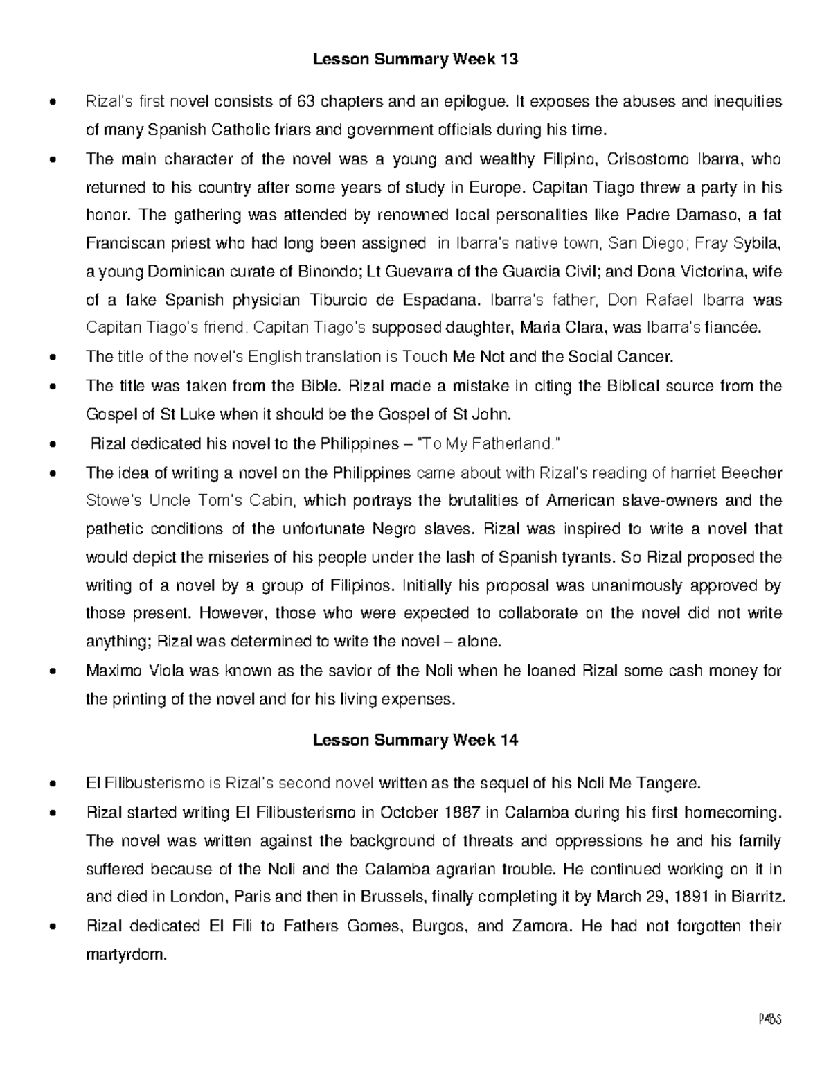 Rizal-Finals dじゅhh kldoj sjskisn ksksodb - Pabs Lesson Summary Week 13 ...