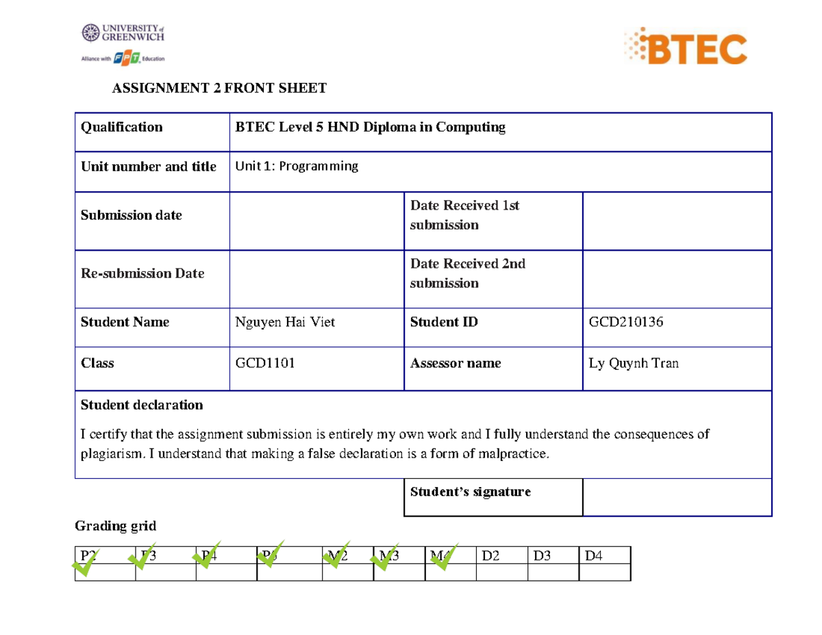 Nguyen-Hai-Viet-FGW-DN 426922 0 - ASSIGNMENT 2 FRONT SHEET Qualification BTEC Level 5 HND ...
