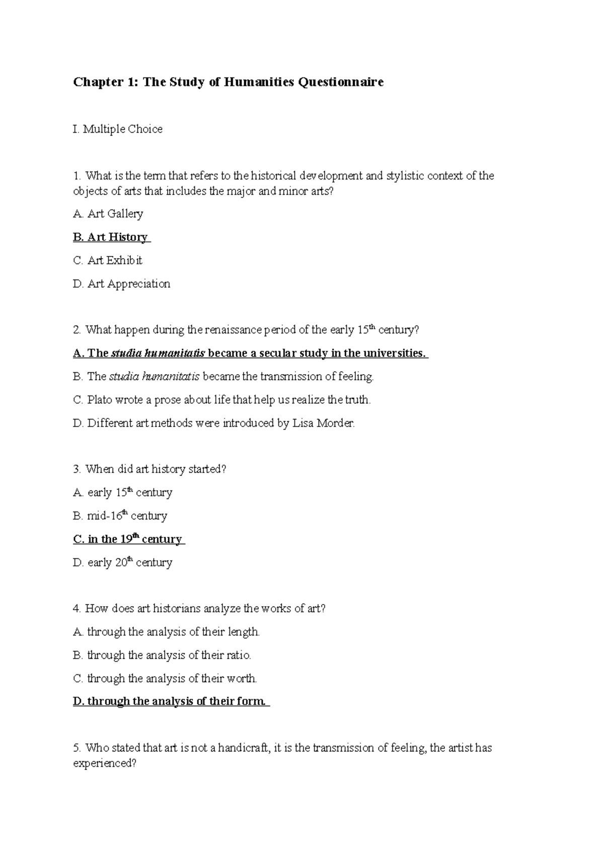 Chapter 1 Questionnaire - Chapter 1: The Study of Humanities ...