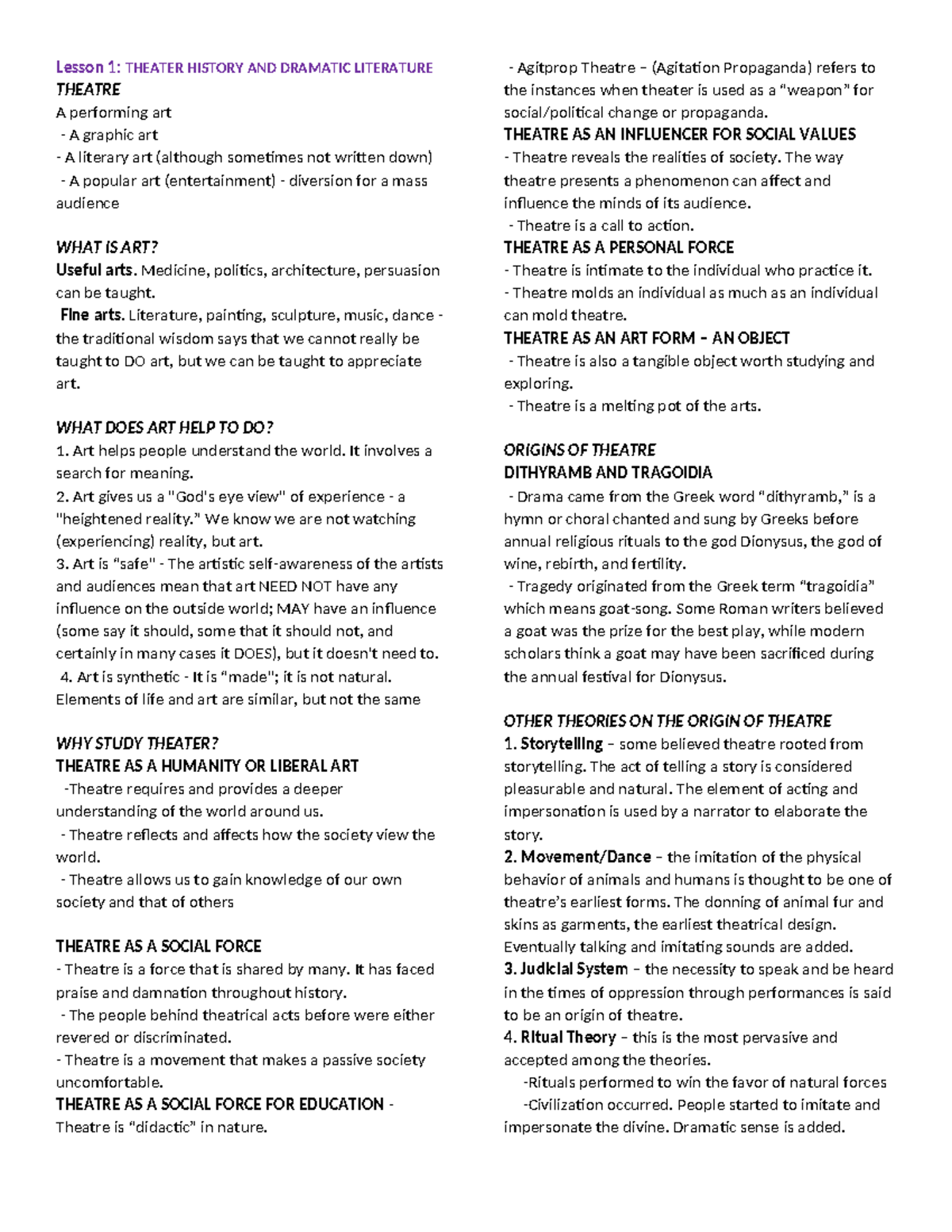 TSD Lessons 1 3 - Additional notes - Lesson 1: THEATER HISTORY AND ...