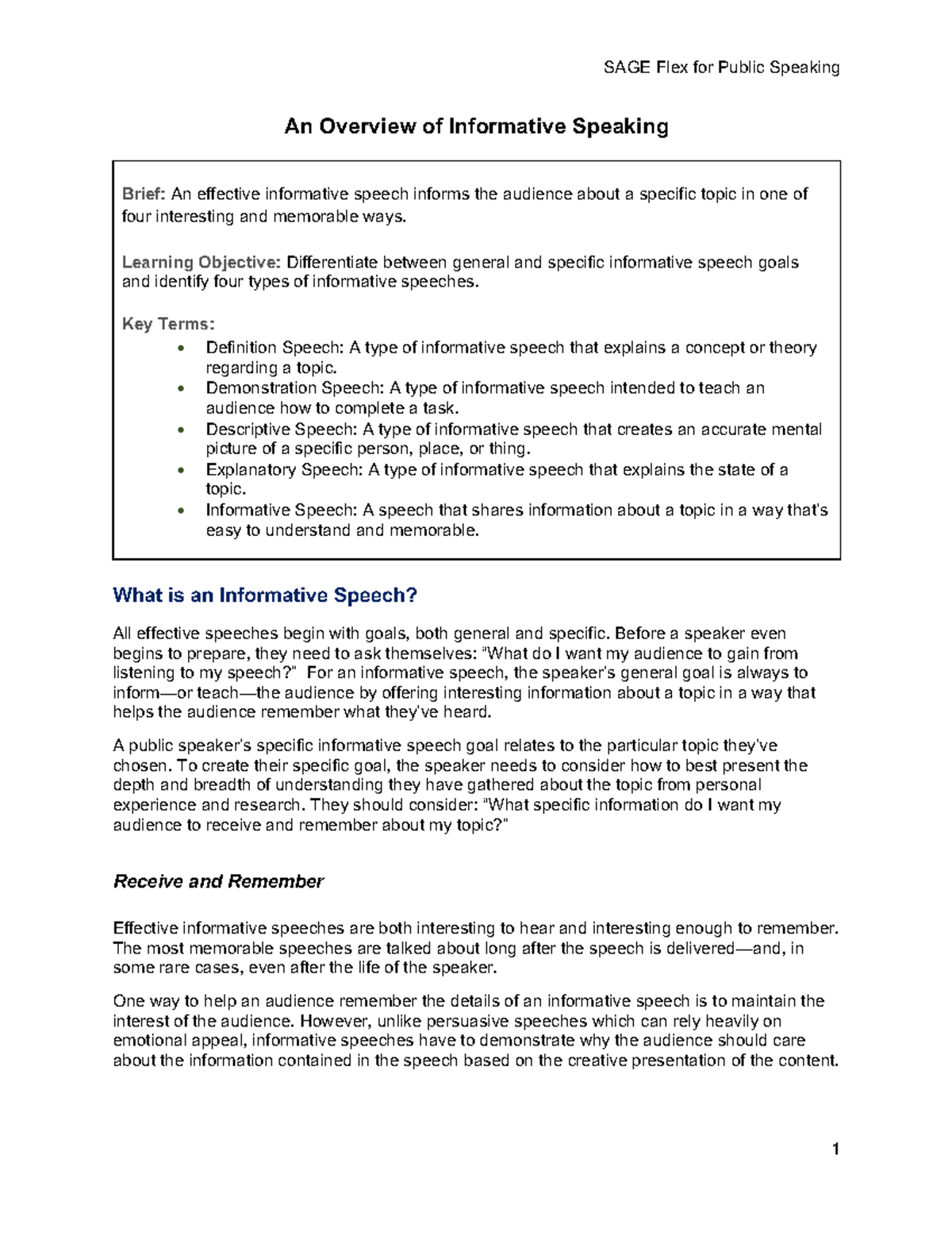 Inform speeches section 01 module 01 - SAGE Flex for Public Speaking 1 ...
