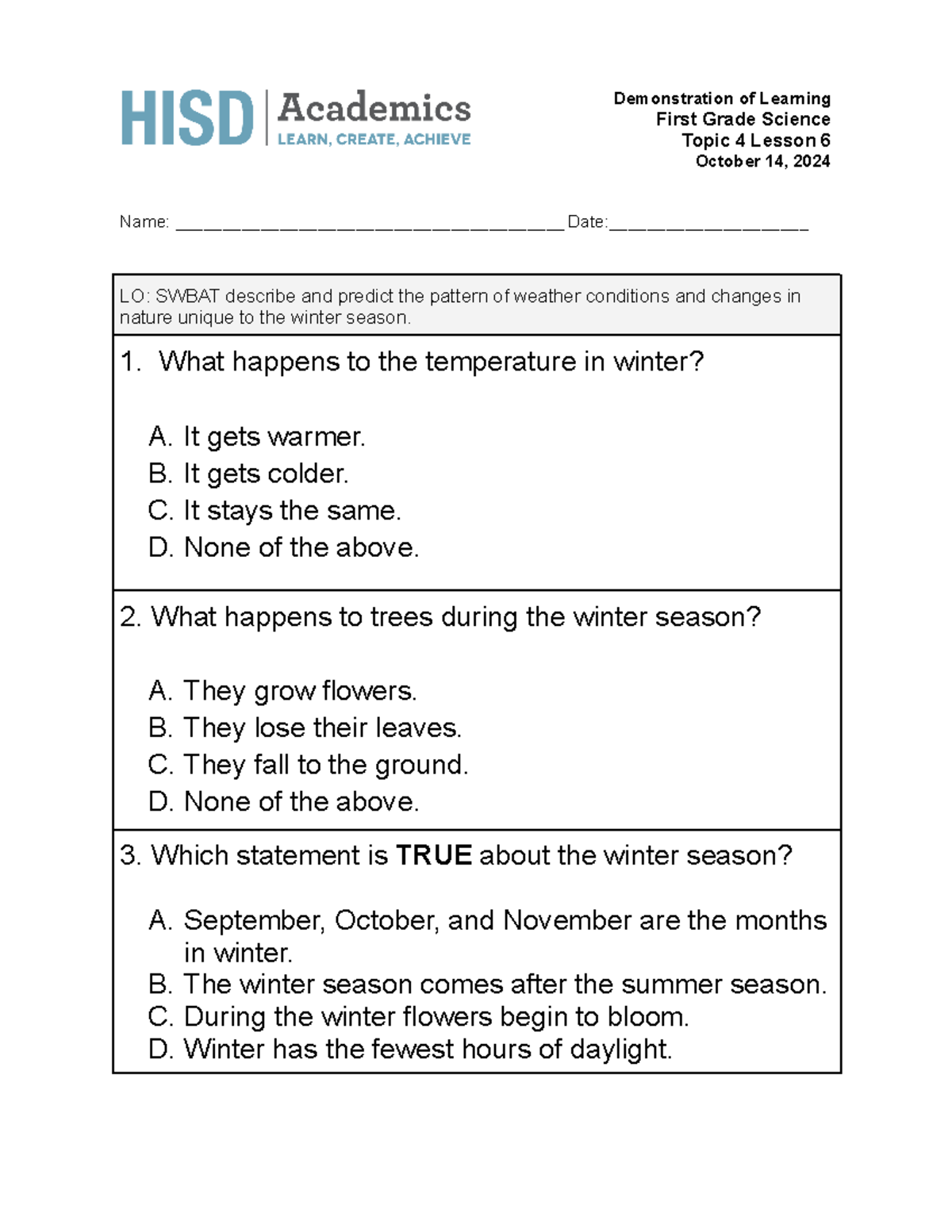 G1SCI DOL 10 - n'a - Demonstration of Learning First Grade Science ...