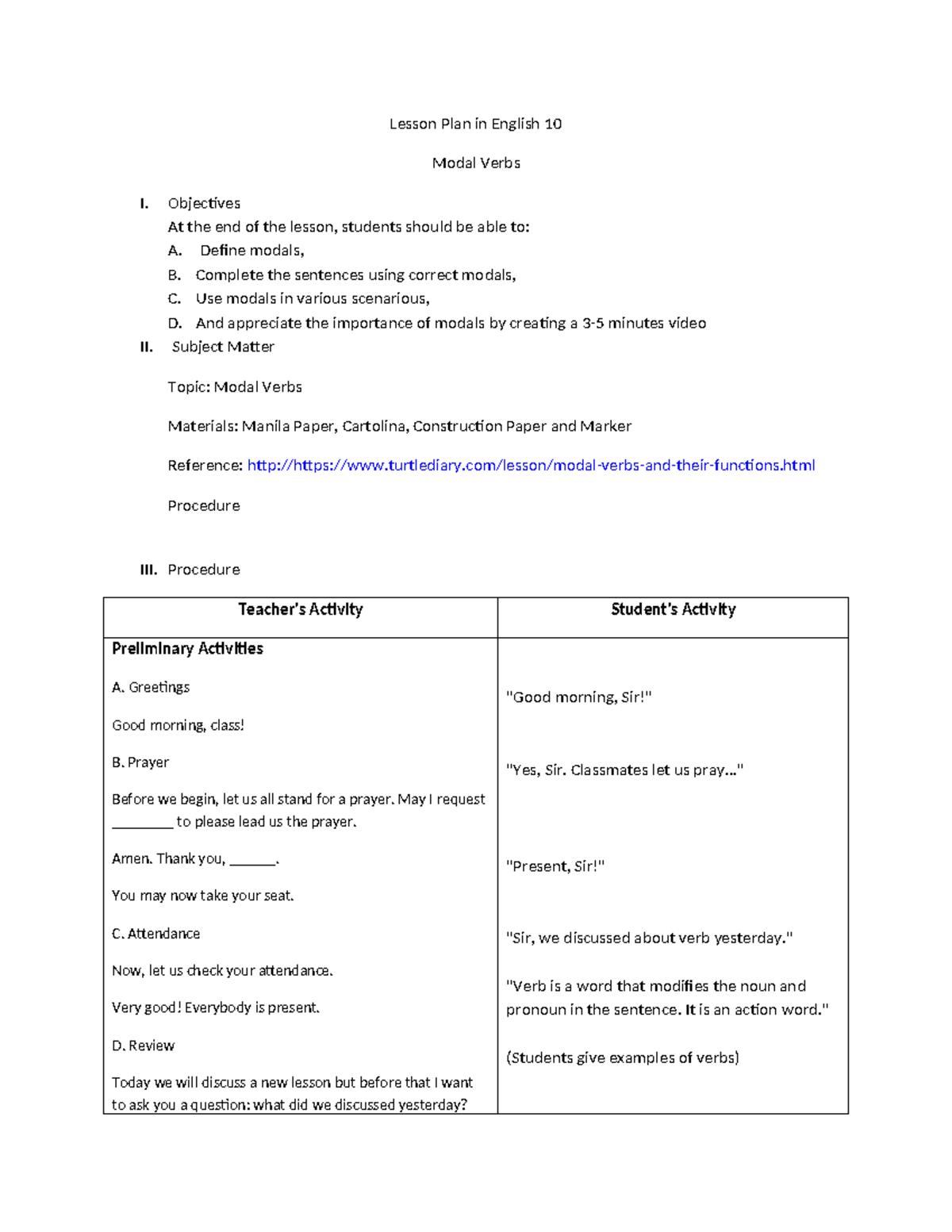 A Detailed Lesson Plan - Lesson Plan in English 10 Modal Verbs I ...